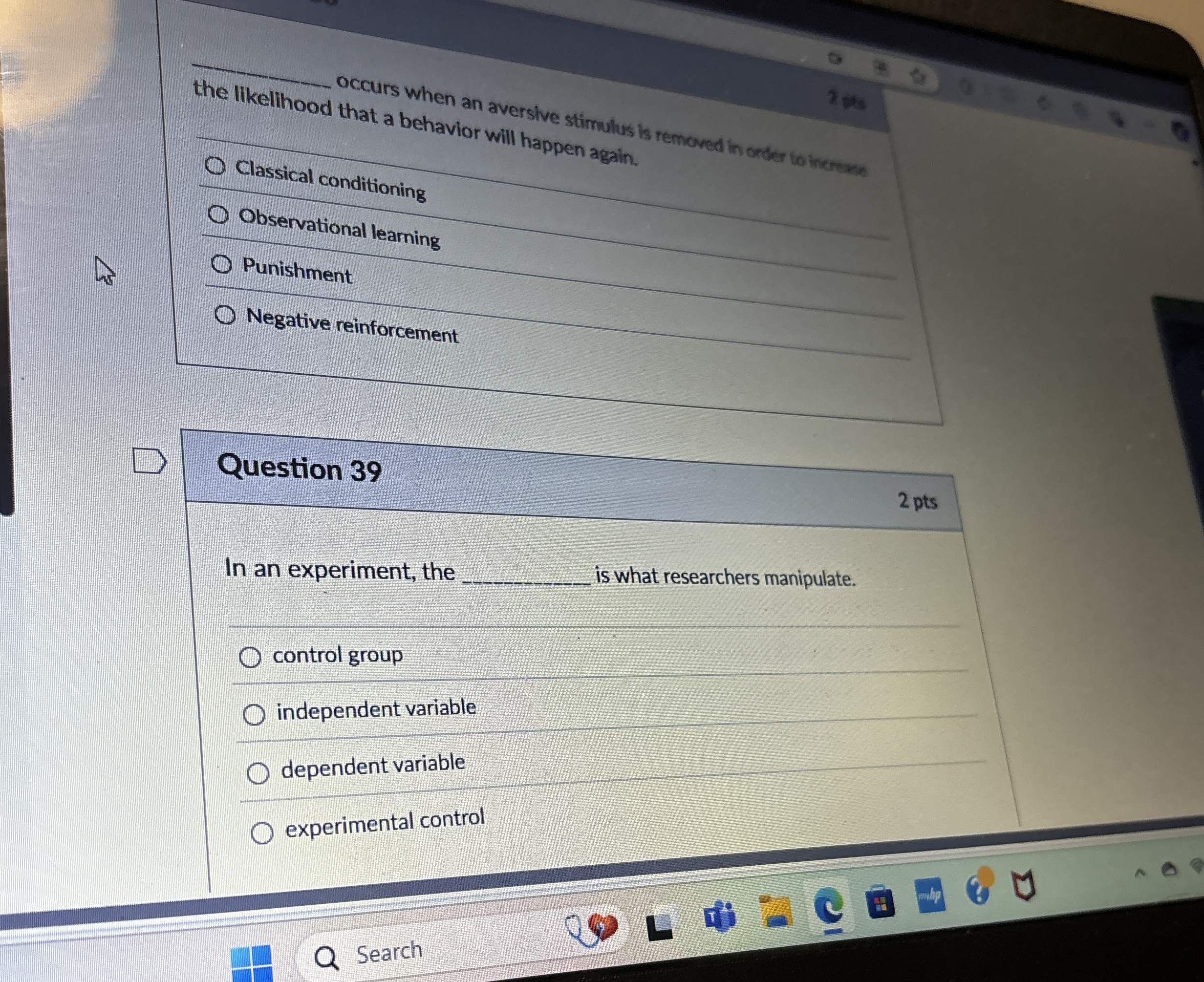 Solved occurs when an aversive stimulus is removed in order | Chegg.com