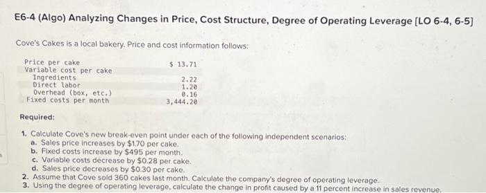 Solved E6-4 (Algo) Analyzing Changes in Price, Cost | Chegg.com