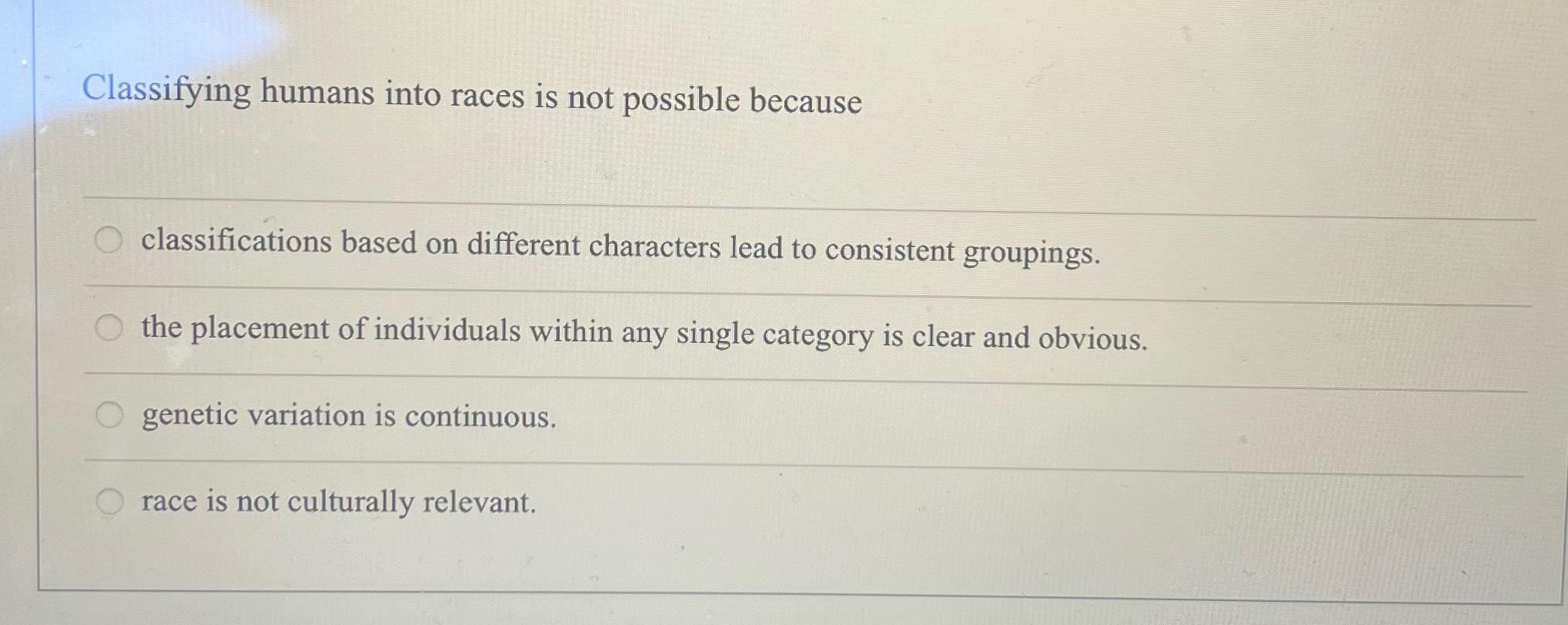Solved Classifying humans into races is not possible | Chegg.com