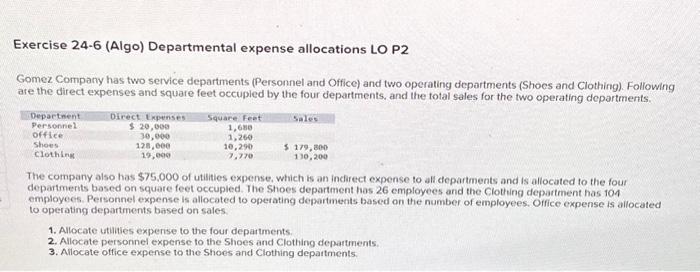 Solved Exercise 24-6 (Algo) Departmental expense allocations | Chegg.com