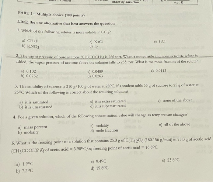 Solved mass of solution PARTI - Multiple choice (100 points) | Chegg.com