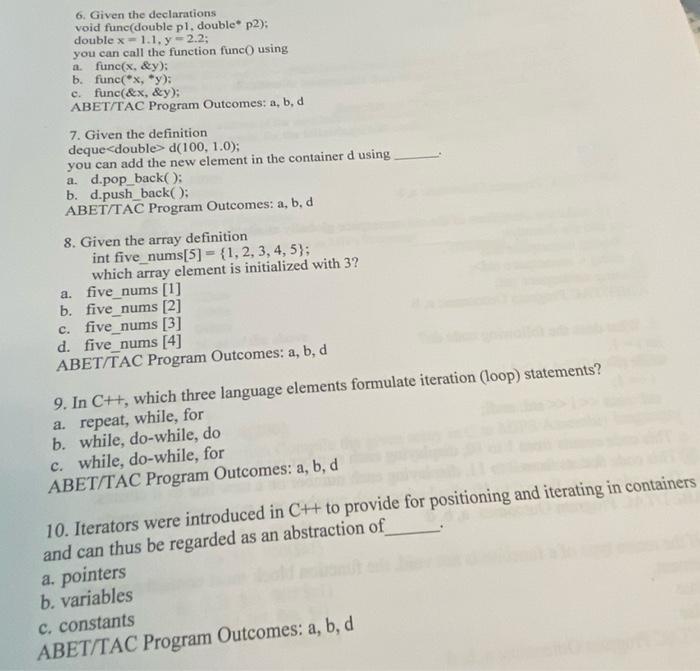 Solved 6. Given the declarations void func(double pl, double | Chegg.com
