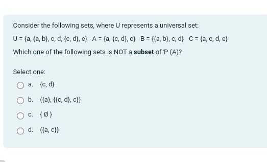Solved Consider the following sets, where U represents a | Chegg.com