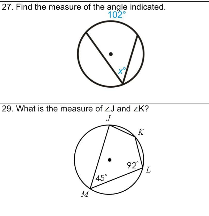 Solved 27. Find the measure of the angle indicated. 102° 29. | Chegg.com