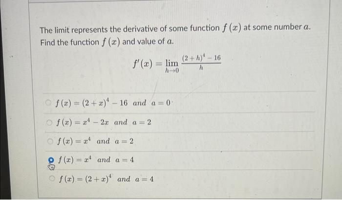 Solved The limit represents the derivative of some function | Chegg.com