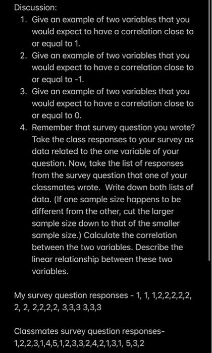 Discussion: 1. Give an example of two variables that | Chegg.com