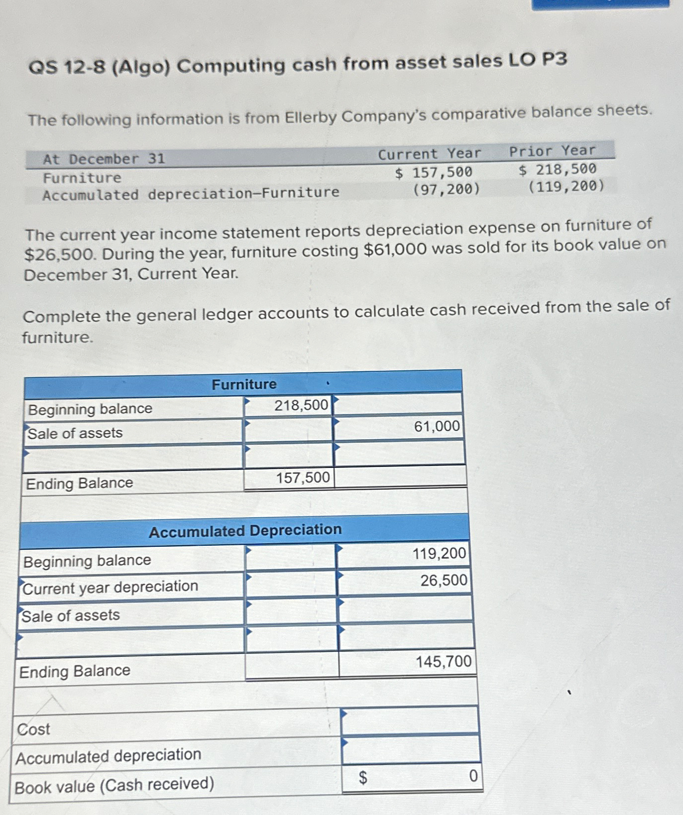 Solved QS 12-8 (Algo) ﻿Computing cash from asset sales LO | Chegg.com