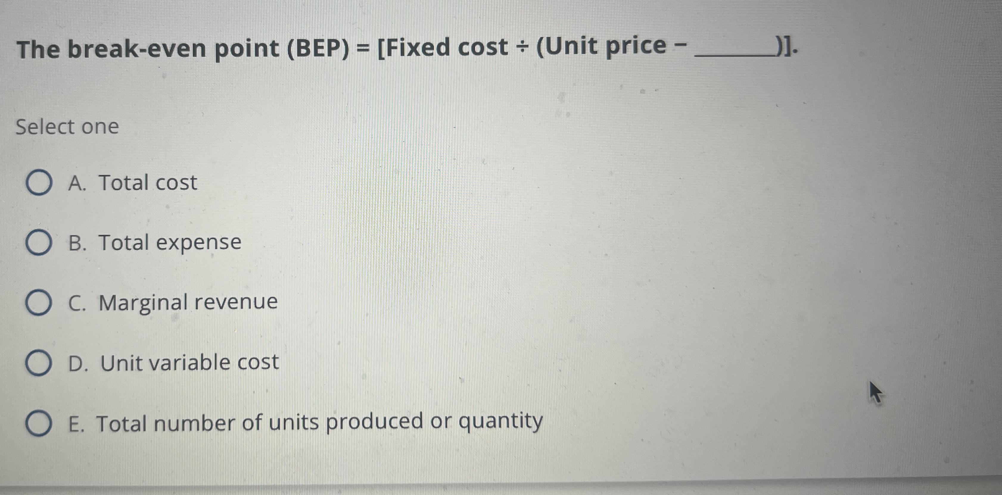 Solved The break-even point Fixed cost ÷ (Unit price | Chegg.com