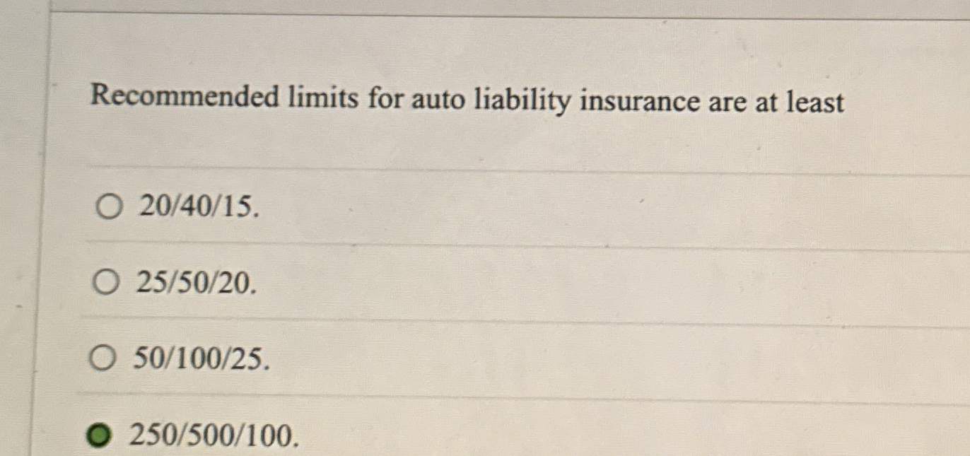 Solved Recommended limits for auto liability insurance are | Chegg.com