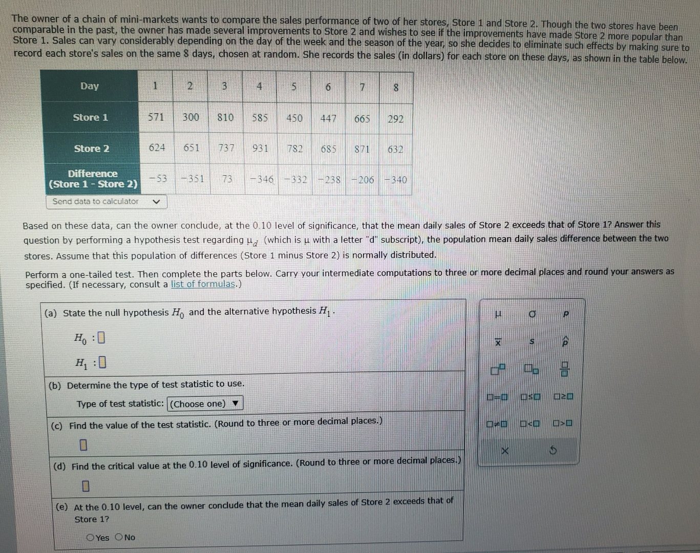 Solved The owner of a chain of mini-markets wants to compare | Chegg.com