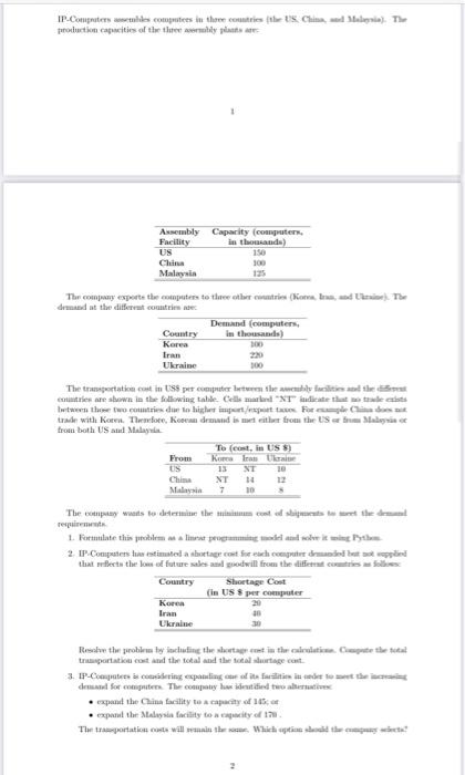 Solved IP-Computers assembles computers in three countries | Chegg.com