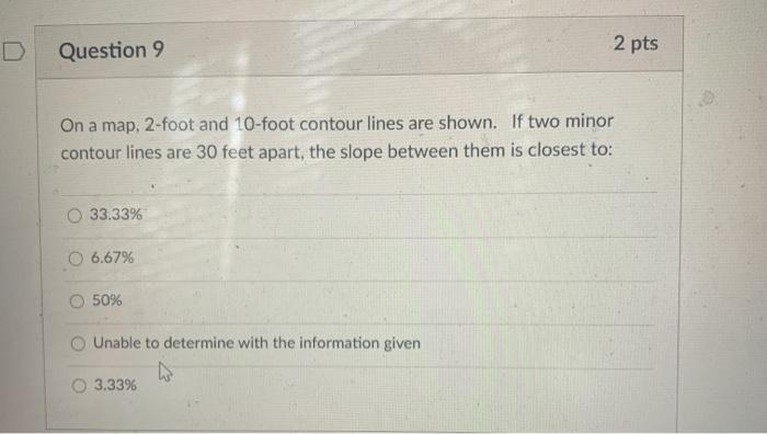 Solved Question 9 2 pts On a map, 2-foot and 10-foot contour | Chegg.com