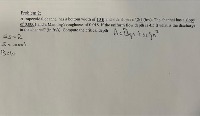 Solved Problem 2: A trapezoidal channel has a bottom width | Chegg.com