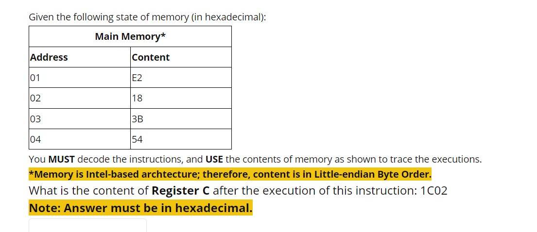 Solved Given the following state of memory (in hexadecimal): | Chegg.com