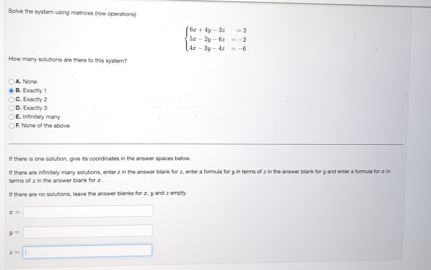 Solved Solve the system using matrices (row | Chegg.com