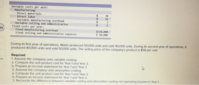 Solved Exercise 6-1 Variable and Absorption Costing Unit | Chegg.com