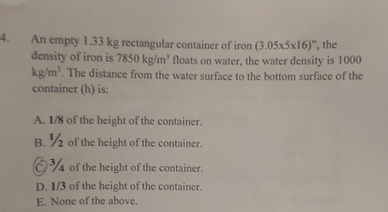 Solved An empty 1.33 ﻿kg rectangular container of iron | Chegg.com