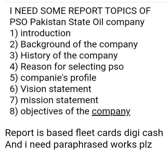 Solved I NEED SOME REPORT TOPICS OF PSO Pakistan State Oil | Chegg.com