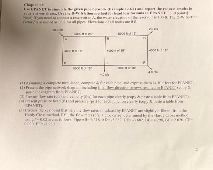 Solved Chapter 12: Use EPANET to simulate the given pipe | Chegg.com