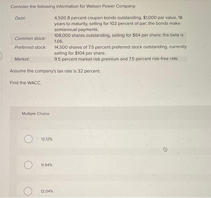 Solved Consider the following information for Watson Power | Chegg.com
