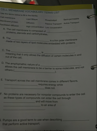 Solved CELI MEMBRANE VOCABULARY TERMS LISTUse the terms | Chegg.com