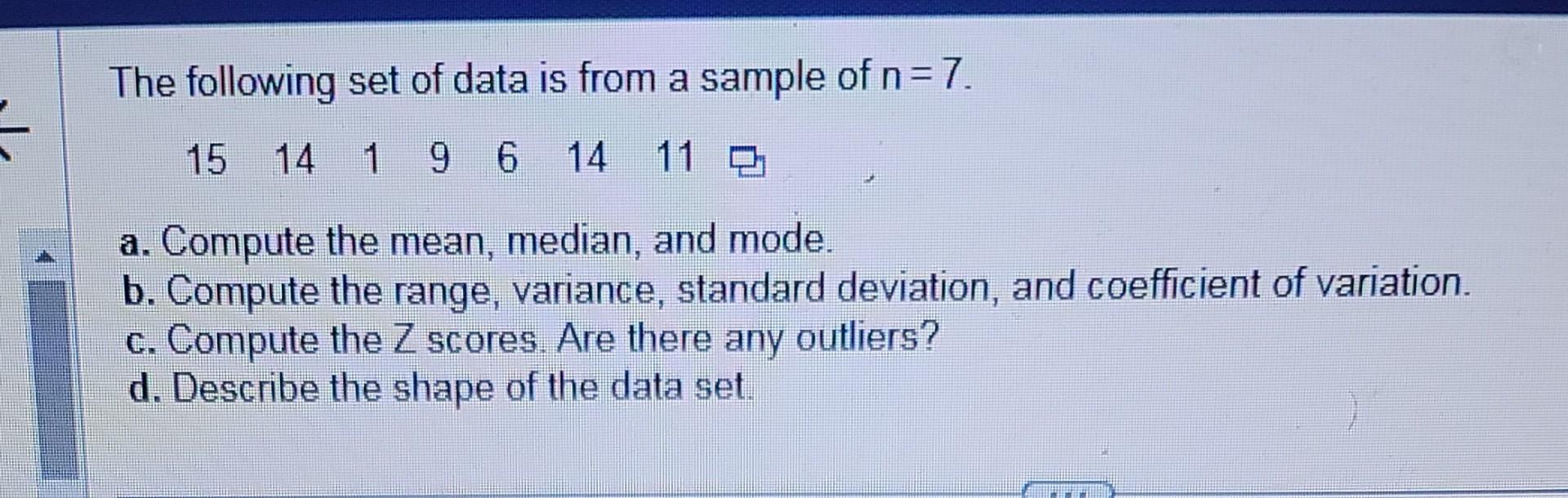 Solved The following set of data is from a sample of n=7. a. | Chegg.com