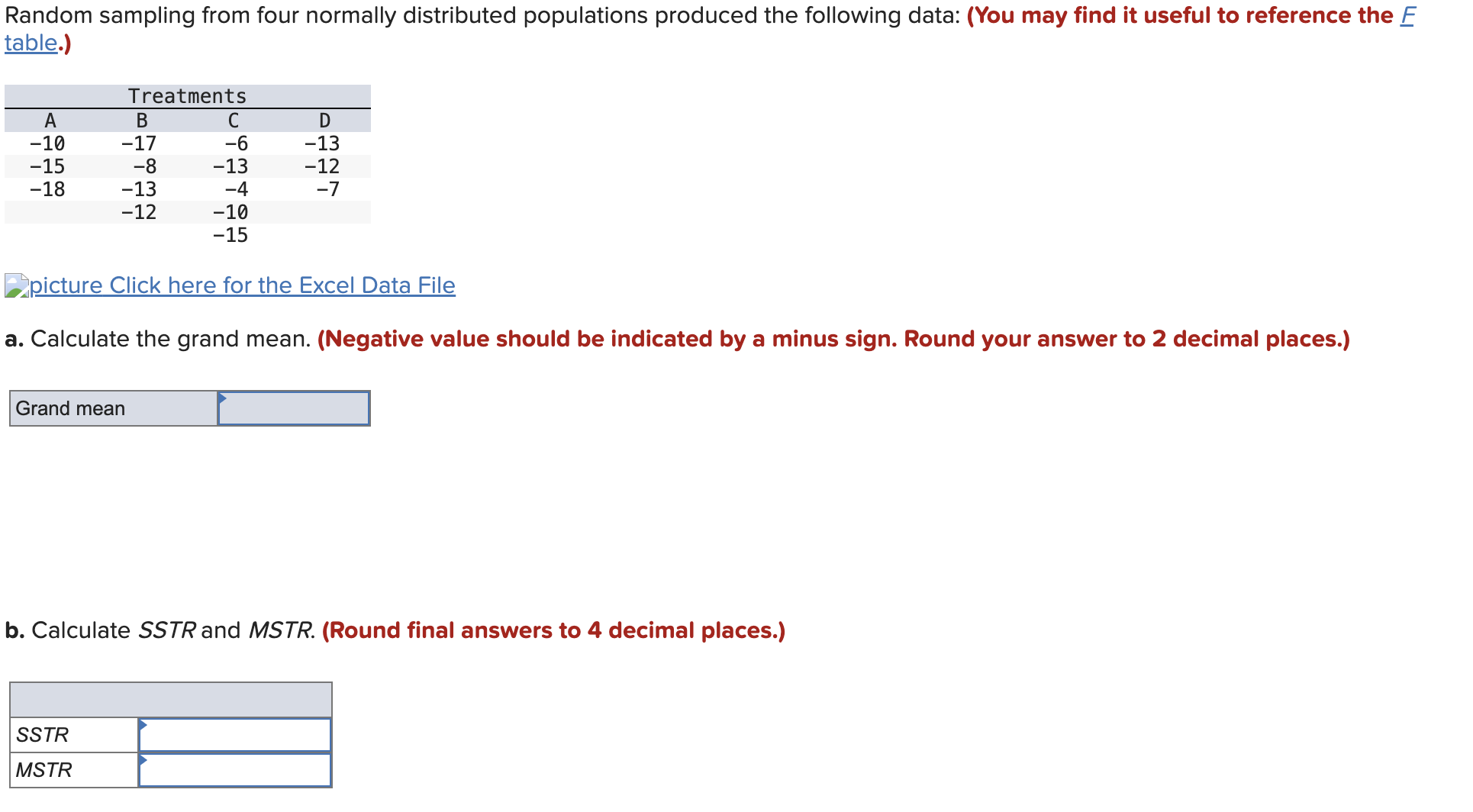 Solved a. ﻿Calculate the grand mean. (Negative value should | Chegg.com