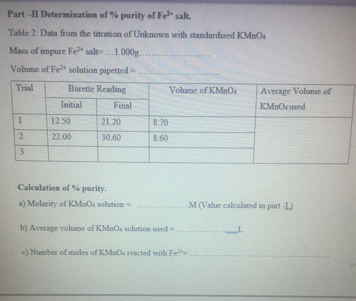 Part-II Determination of purity of Fe + salt. Table | Chegg.com