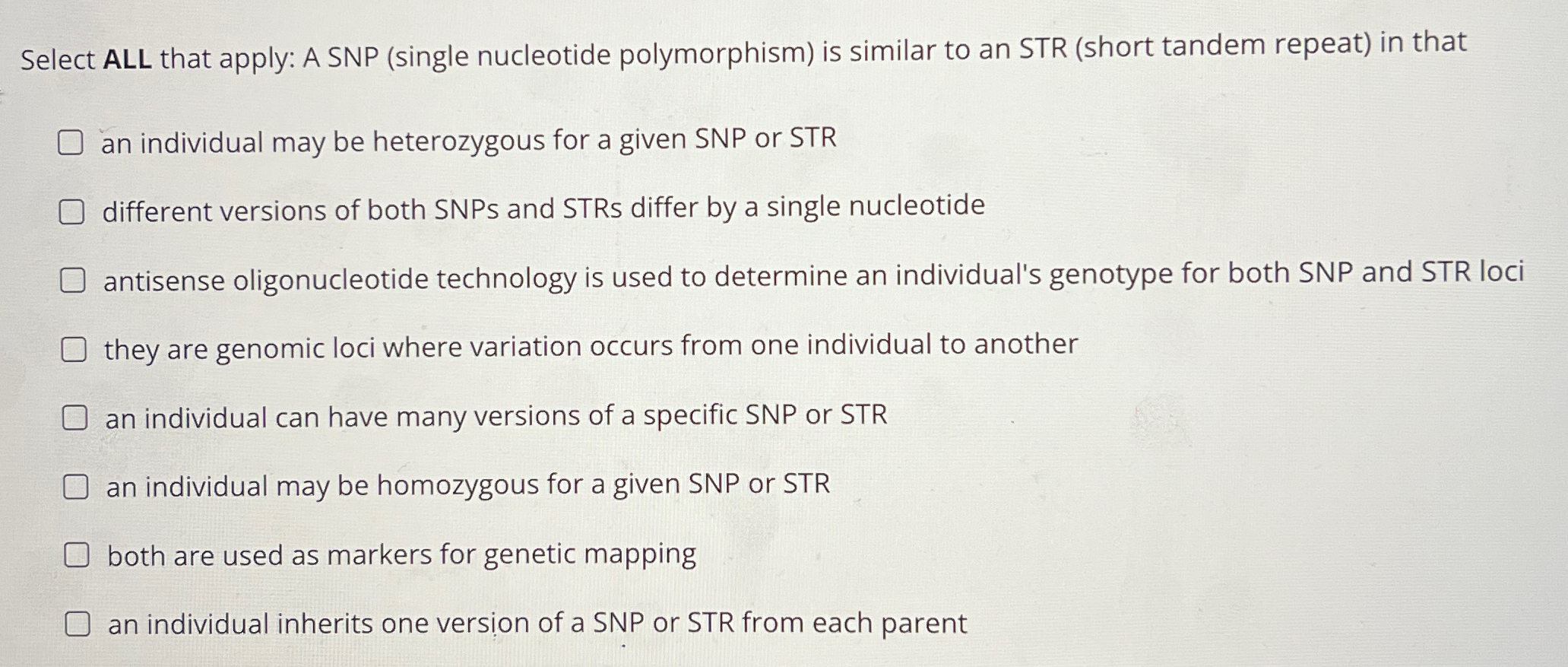 Solved Select ALL that apply: A SNP (single nucleotide | Chegg.com