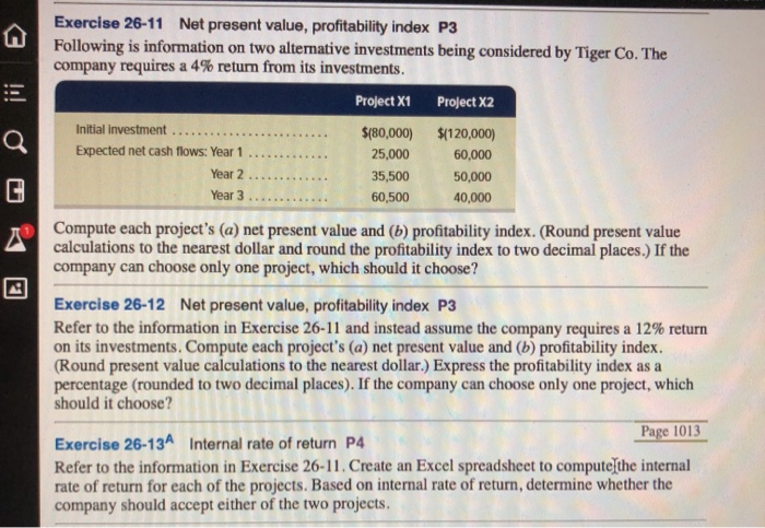 Solved Exercise 26-11 Net present value, profitability index | Chegg.com