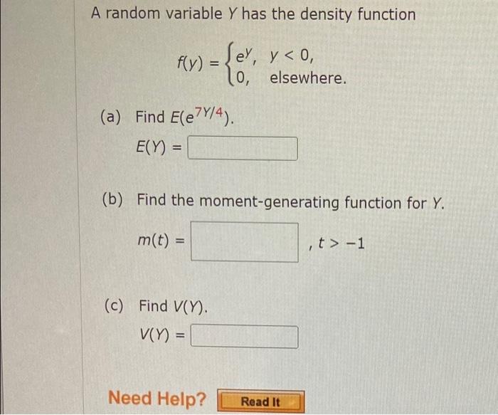 Solved A random variable Y has the density function | Chegg.com