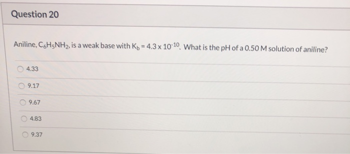 Solved Question 20 Aniline, CH5NH2, is a weak base with Kb = | Chegg.com