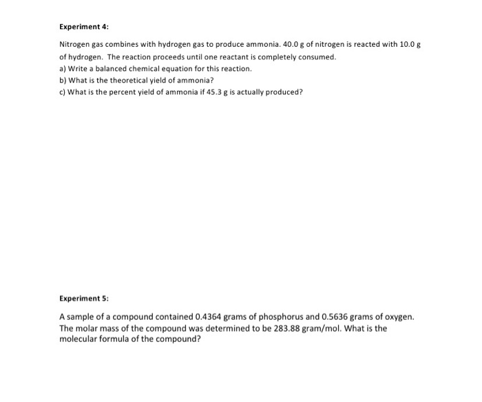Solved Experiment 4: Nitrogen gas combines with hydrogen gas | Chegg.com