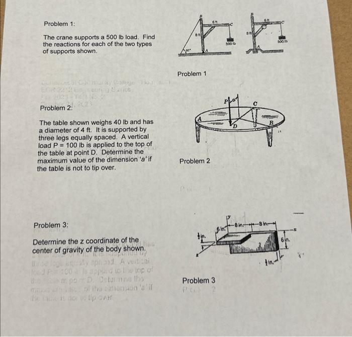Solved Problem 1: The crane supports a 500lb load. Find the | Chegg.com