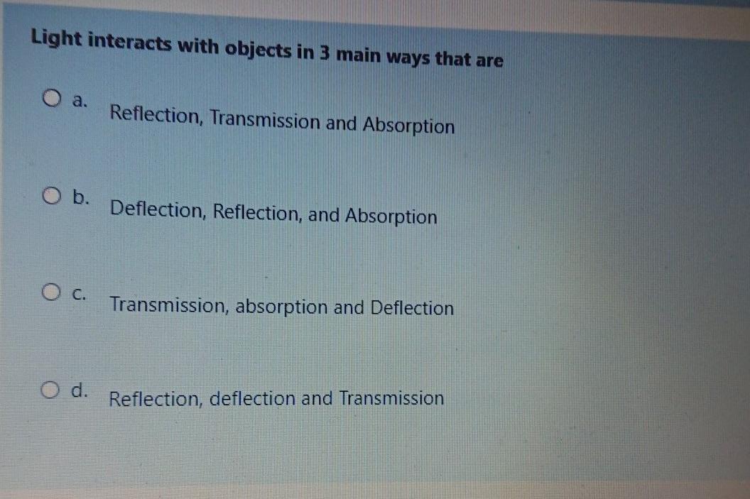 Solved Light interacts with objects in 3 main ways that are | Chegg.com