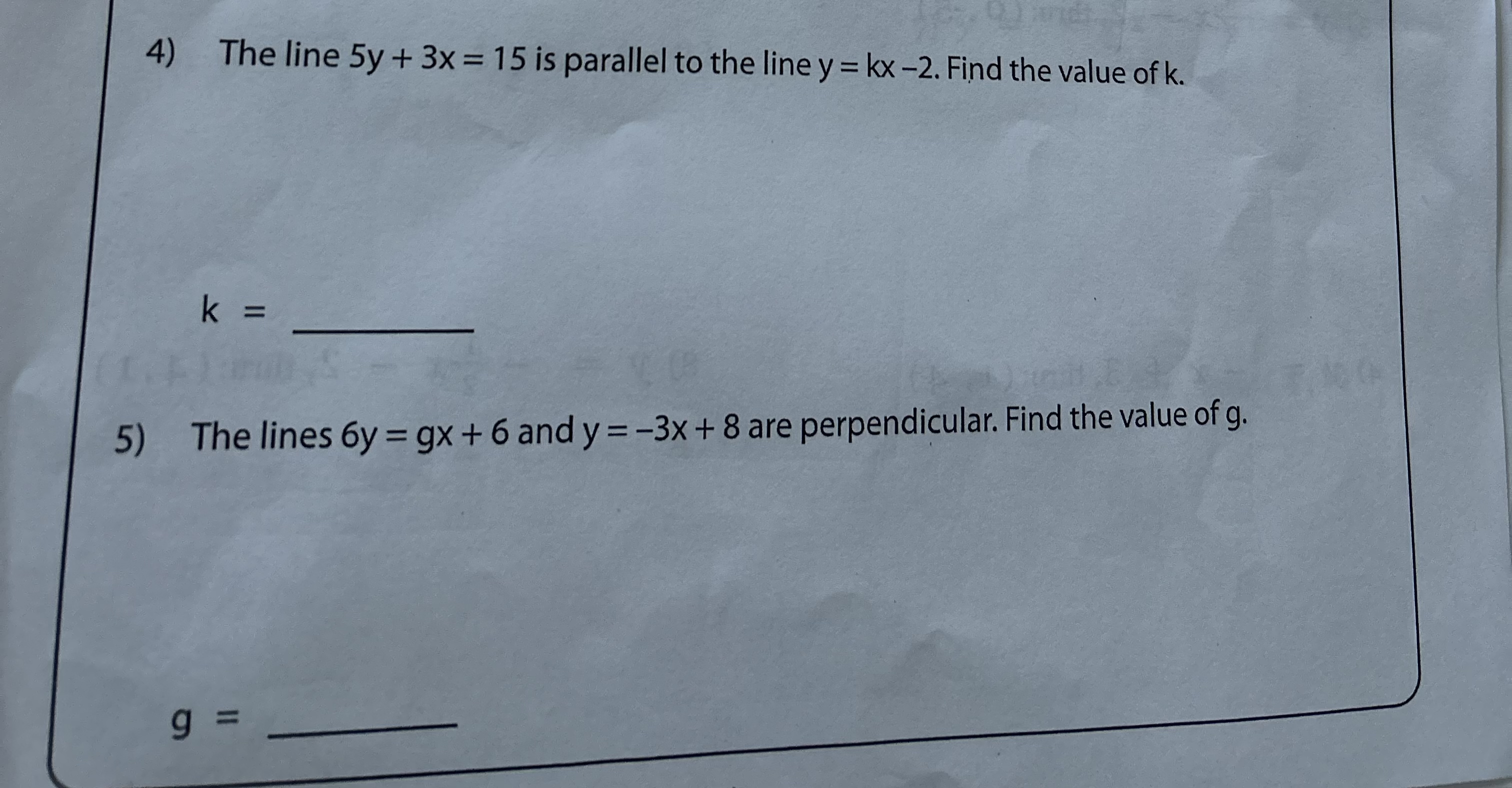 Solved The line 5y+3x=15 ﻿is parallel to the line y=kx-2. | Chegg.com