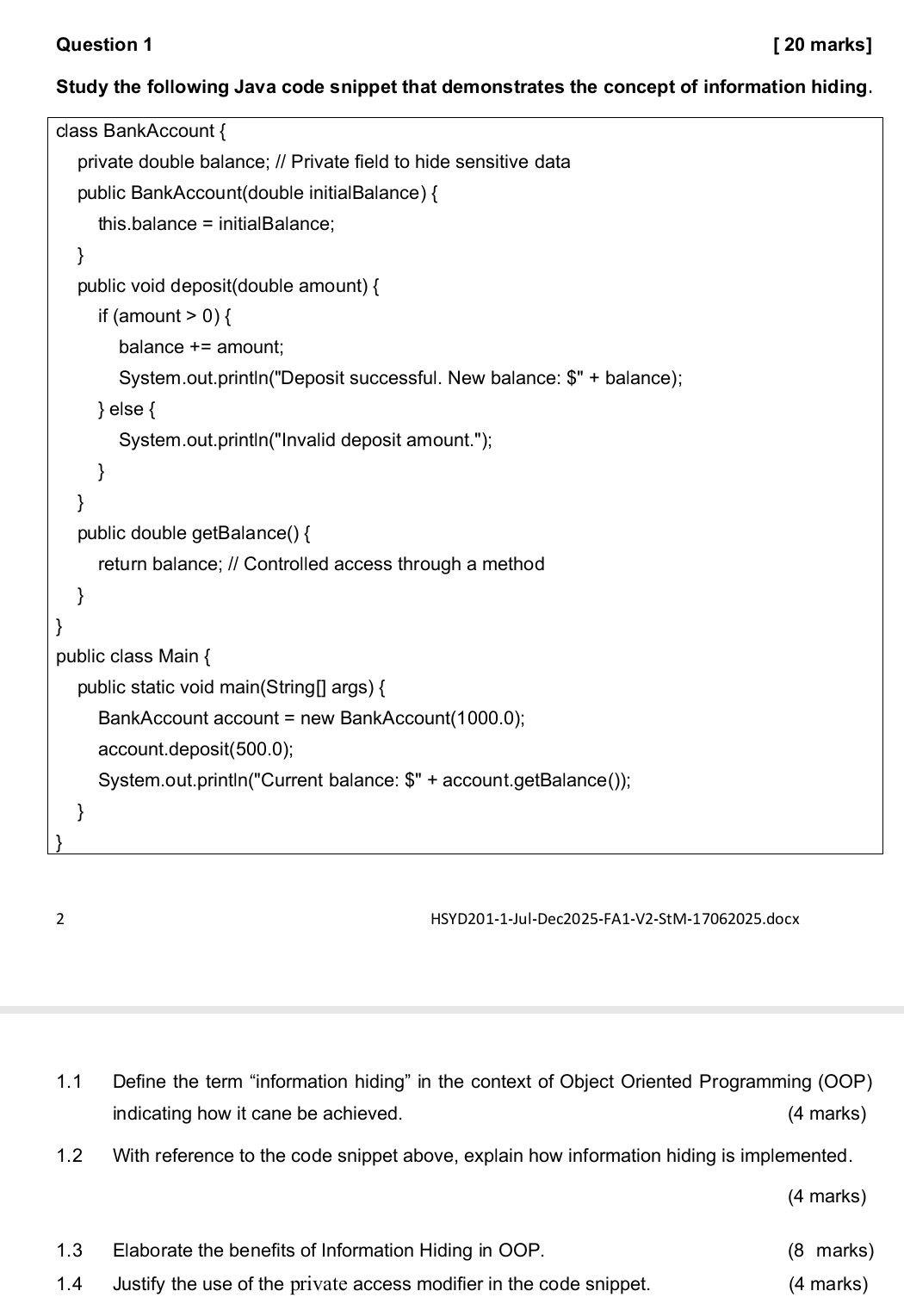 Solved Question 1[ 20 ﻿marks]Study the following Java code | Chegg.com