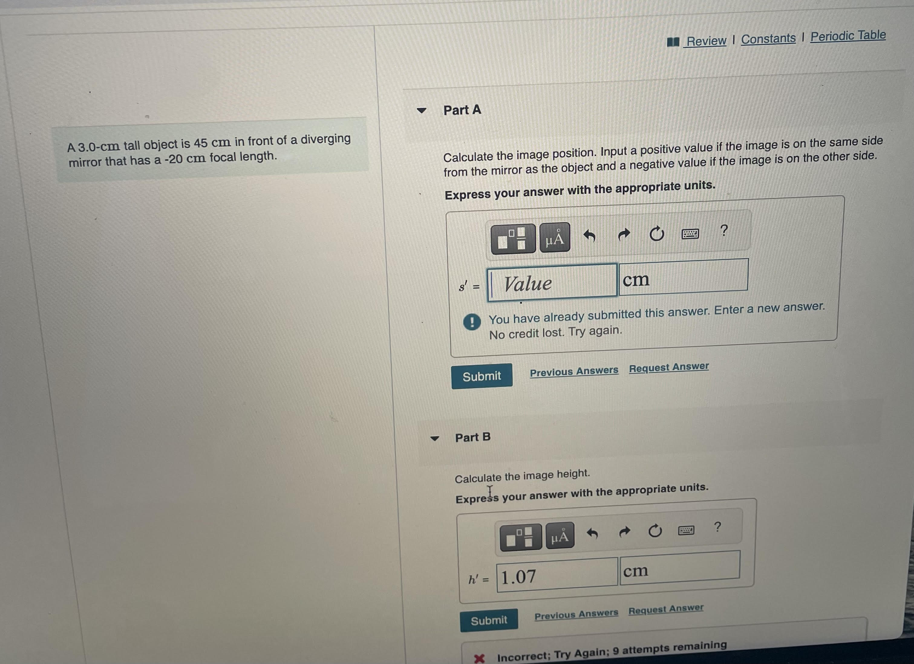Solved Part ACalculate the image position. Input a positive | Chegg.com