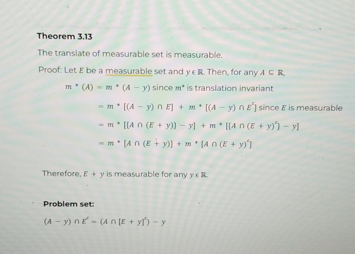Solved m∗(A)=m∗(A−y) since m∗ is translation invariant | Chegg.com