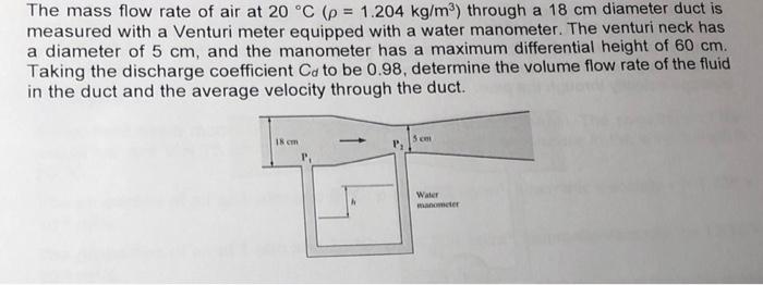 Solved The mass flow rate of air at 20∘C(ρ=1.204 kg/m3) | Chegg.com