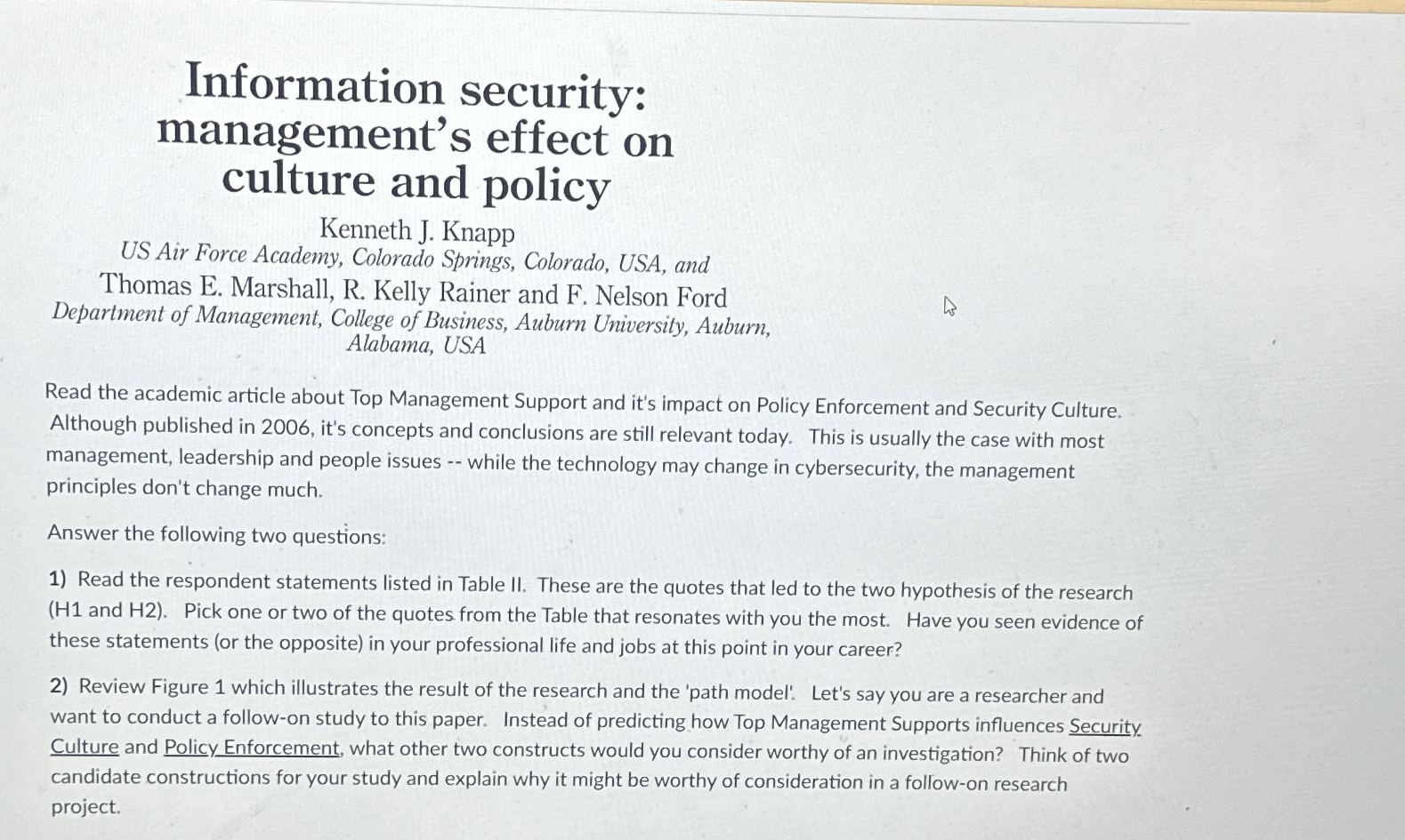 Solved Information security: management's effect on culture | Chegg.com