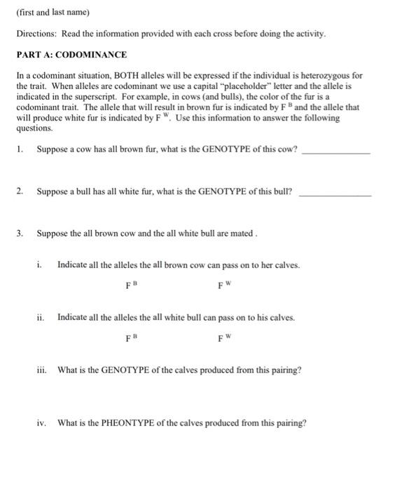 Solved Worksheet Inheritance II BIOL 101 PART B. CODOMINANCE | Chegg.com