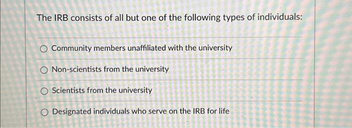 Solved The IRB consists of all but one of the following | Chegg.com