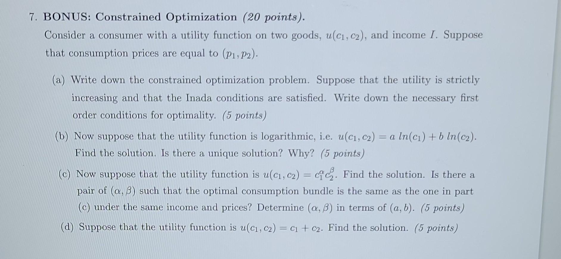 Solved 7. BONUS: Constrained Optimization (20 points). | Chegg.com