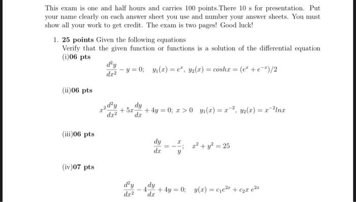 Solved MTH 3300 Differential Equations Exam 1, Fall 2020 | Chegg.com