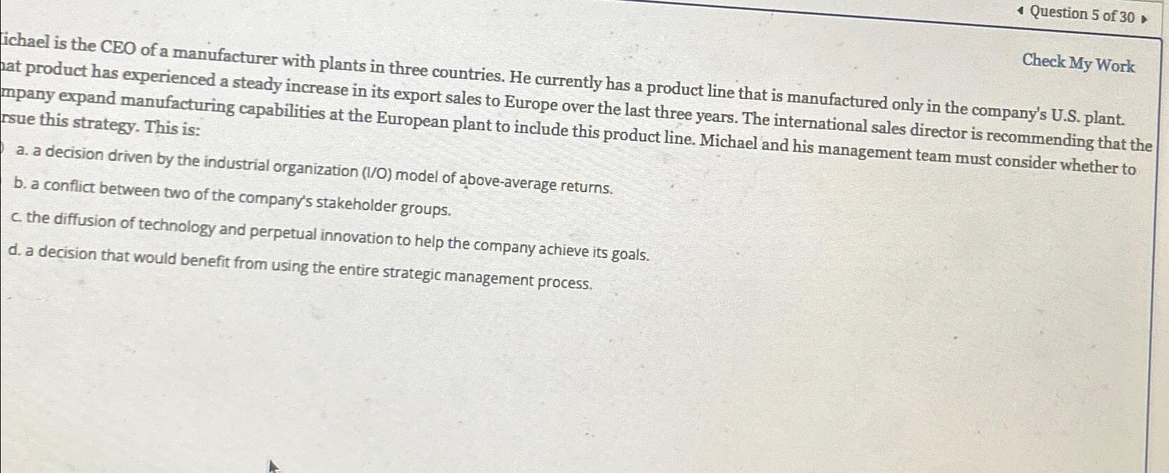 Solved Question 5 ﻿of 30 .Check My Workichael is the CEO of | Chegg.com