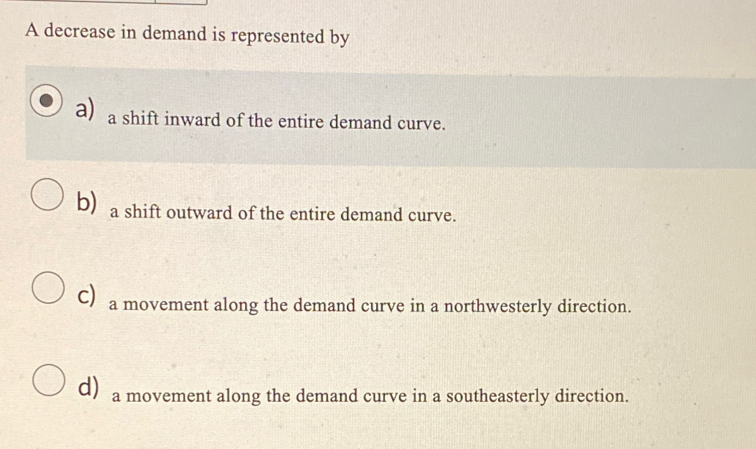 Solved A decrease in demand is represented bya) ﻿a shift | Chegg.com
