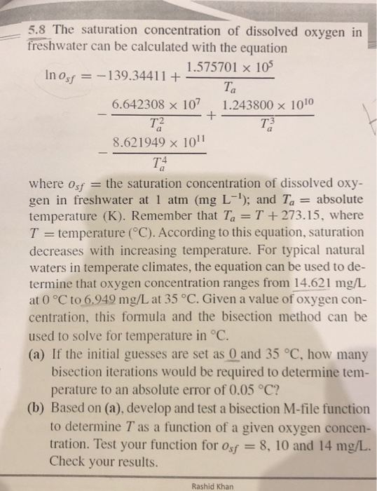 Solved 5.8 The saturation concentration of dissolved oxygen | Chegg.com