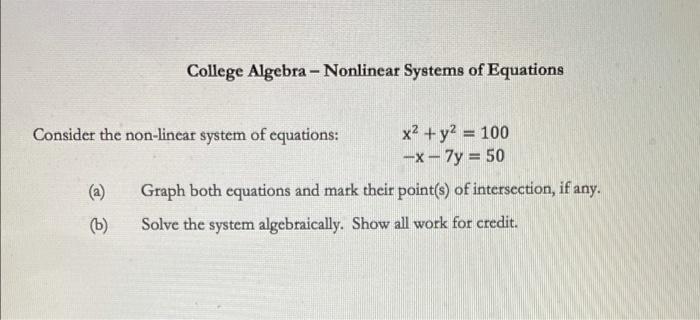 Solved College Algebra - Nonlinear Systems of Equations | Chegg.com