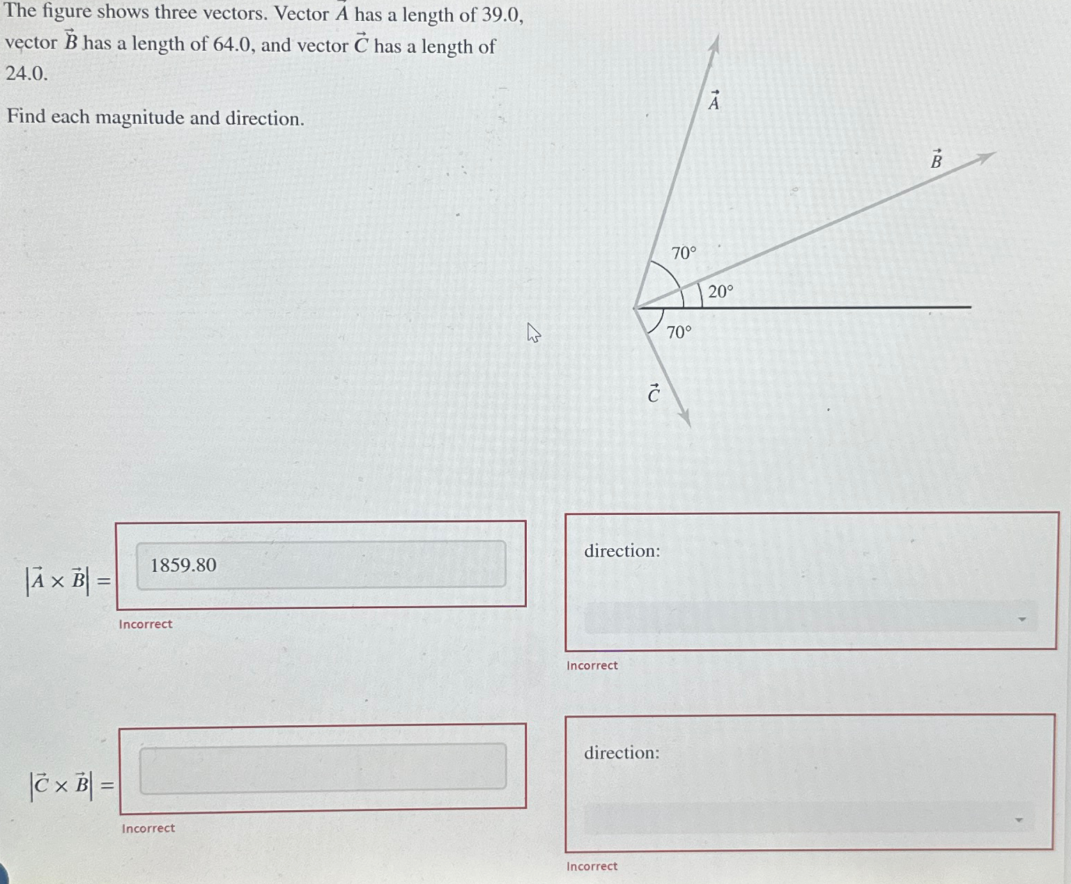 Solved The figure shows three vectors. Vector A has a length | Chegg.com